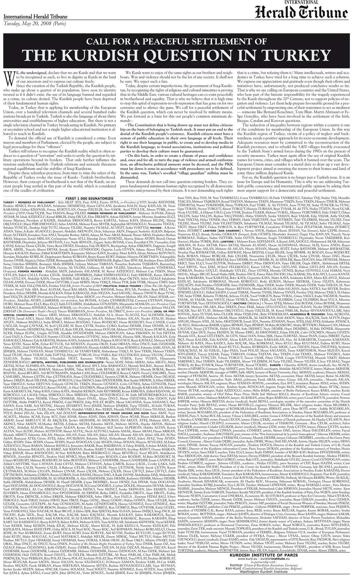 Call for a peaceful settlement of the Kurdish question in Turkey : The ...